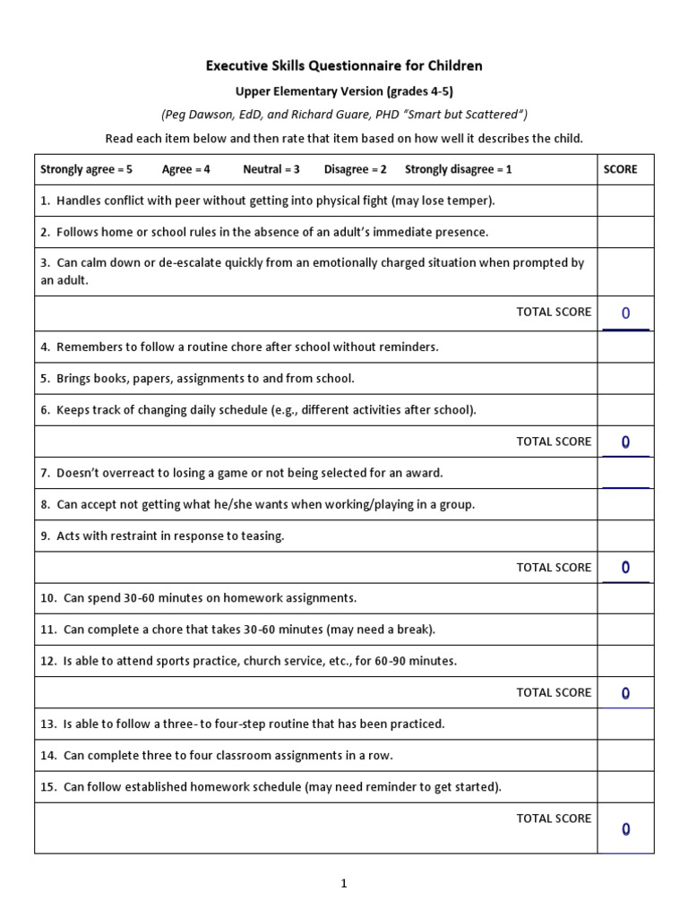 Executive Skills Questionnaire for Kids | PDF | Psychology | Cognition