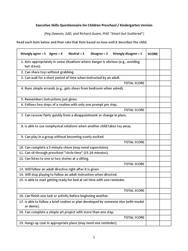 Executive Skills Questionnaire for Kids | PDF | Psychology | Cognition