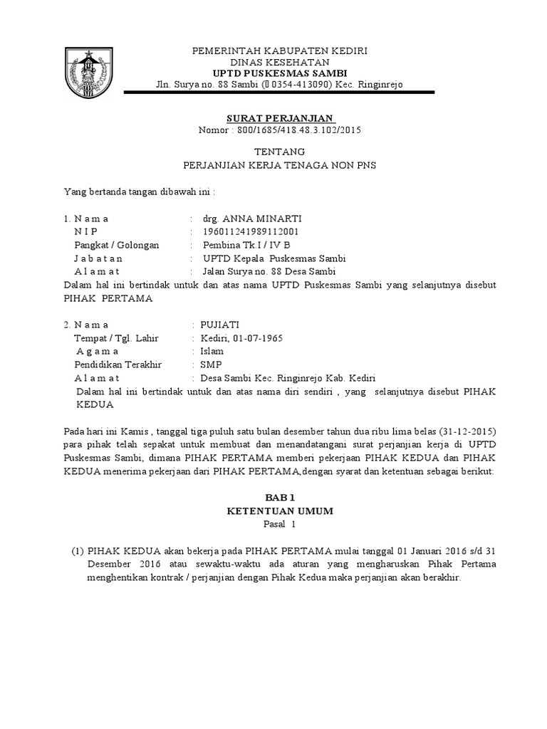 PERJANJIAN KONTRAK Kebersihan Pusk | PDF