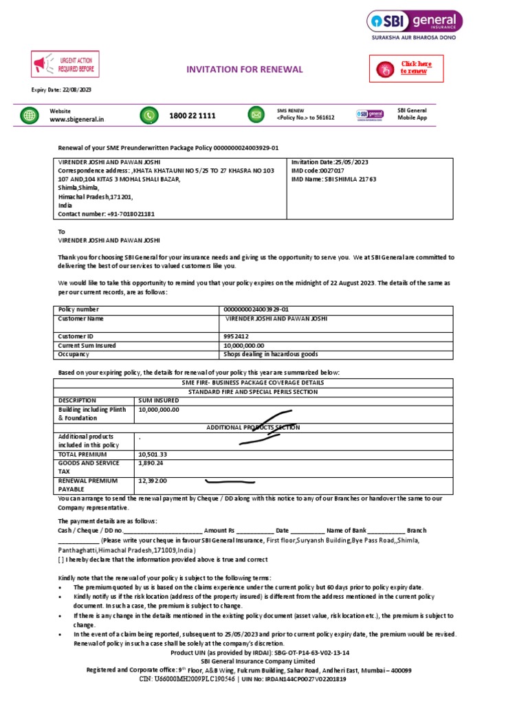 Renewal Notice for SBI Insurance Policy | PDF | Insurance | Cheque