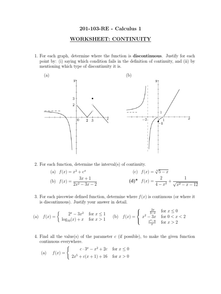 Continuity and Discontinuity Worksheet | PDF | Function (Mathematics ...