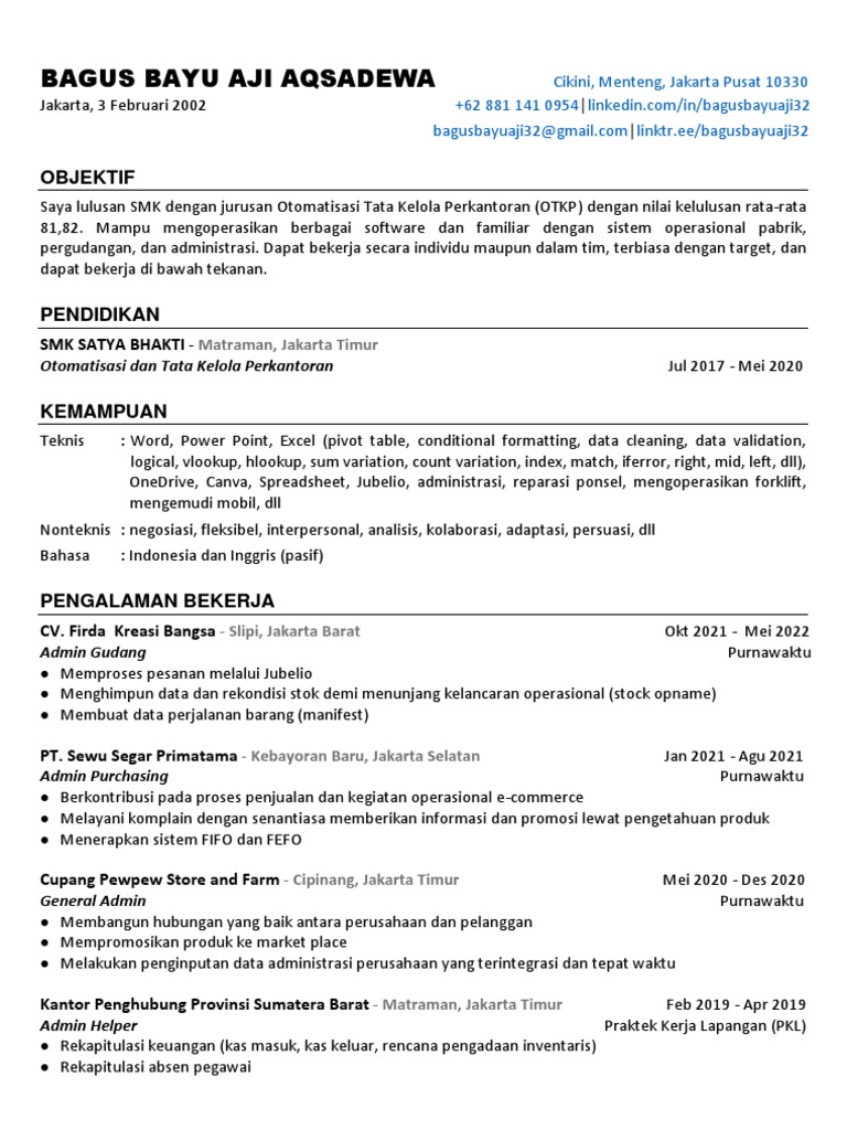 CV Bagus Bayu Aji Aqsa Dewa | PDF | Karier & Perkembangan | Bisnis