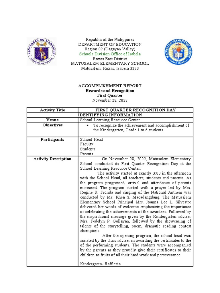 First Quarter Recognition Day Report | PDF | Family | Human Development