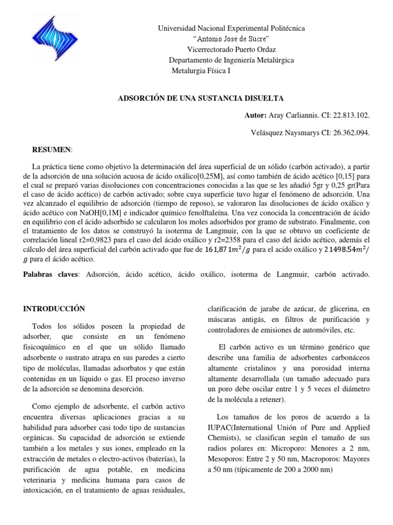 Practica 4. ADSORCIÓN DE UNA SUSTANCIA DISUELTA | PDF | Adsorción ...