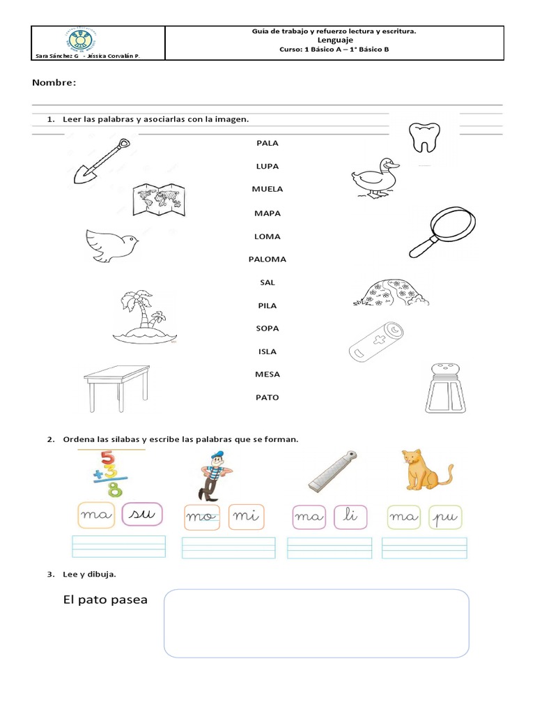 guia trabajo refuerzo consonantes m, l, p y s | PDF