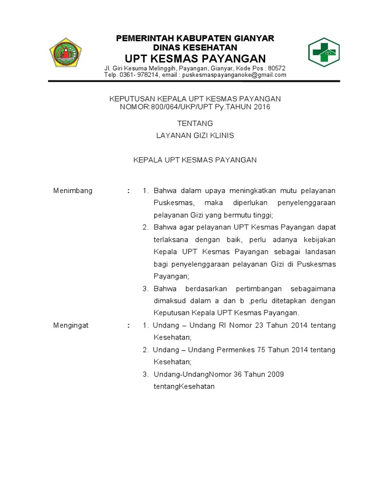 Kebijakan Layanan Gizi UPT Kesmas Payangan | PDF