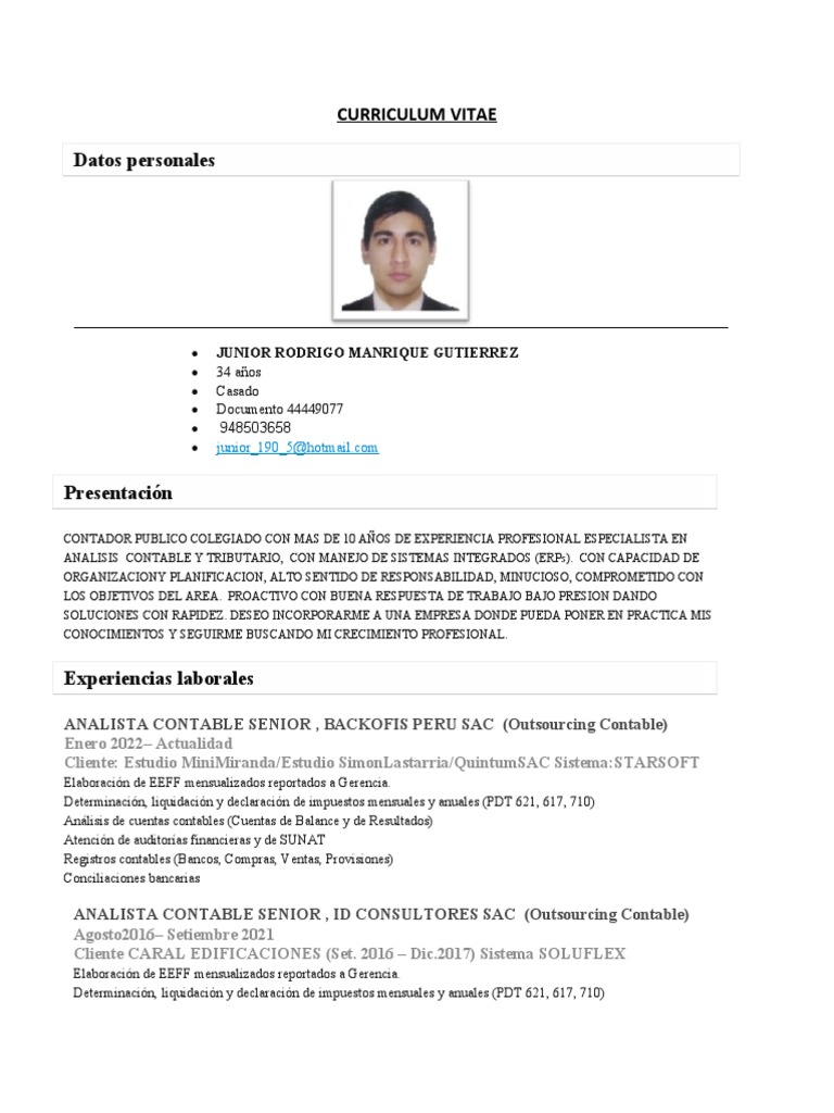 CV Junior Manrique 2022 | PDF | Contador | Contabilidad