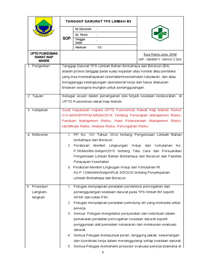 Sop Tanggap Darurat TPS Limbah B3 2022 | PDF