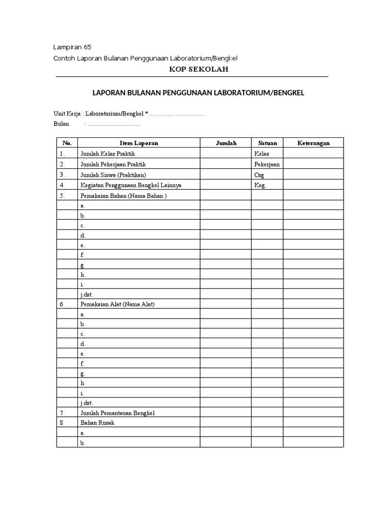 Contoh Laporan Bulanan Penggunaan Laboratorium Atau Bengkel | PDF