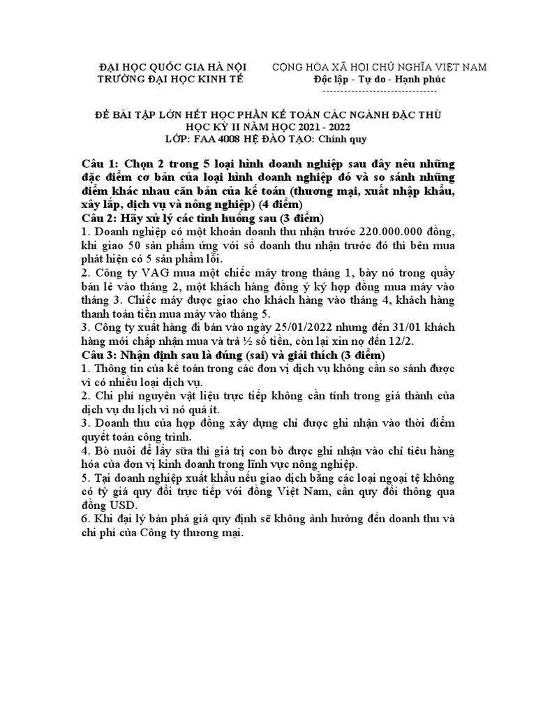 Đề BTL KT ngành đặc thù | PDF