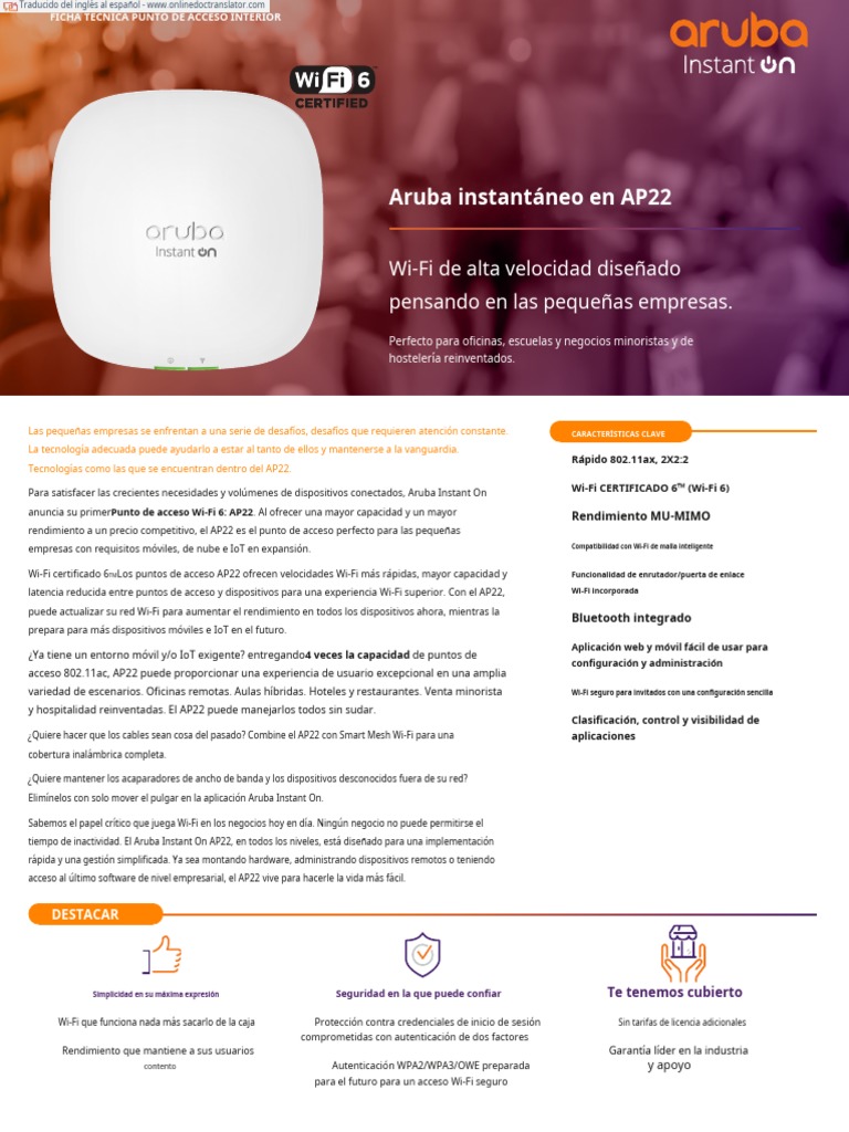 Aruba Instant On AP22 Data Sheet-A00101795enw - En.es | PDF | Ieee 802. ...