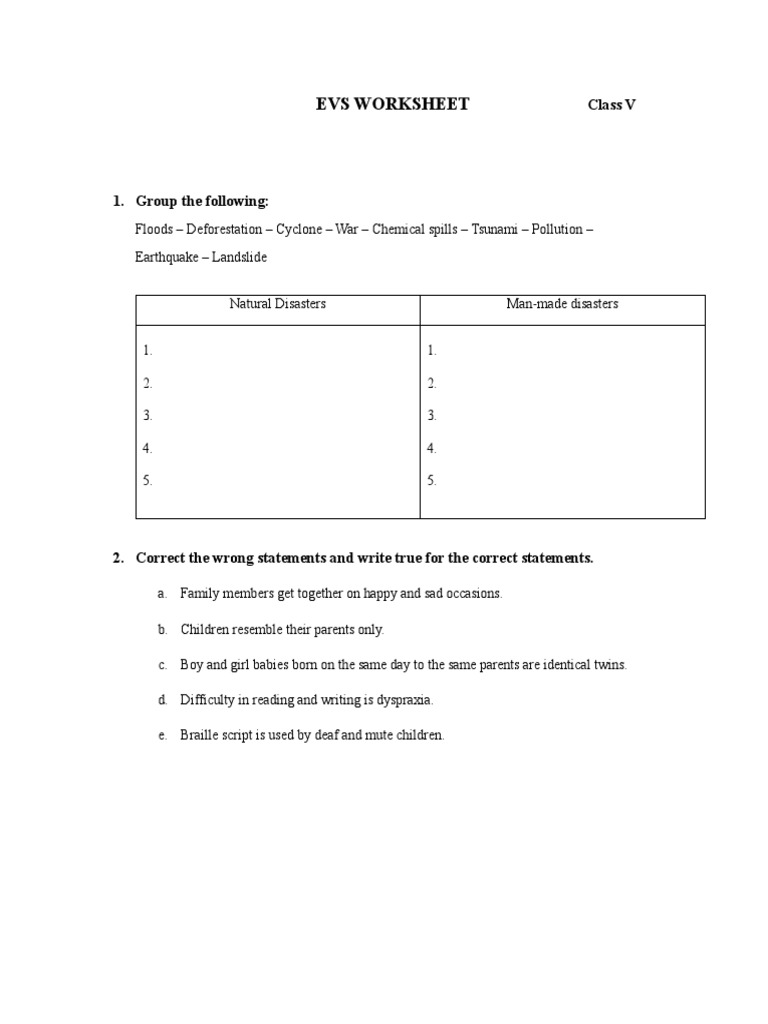 EVS Worksheet for Class V: Disasters & Statements | PDF