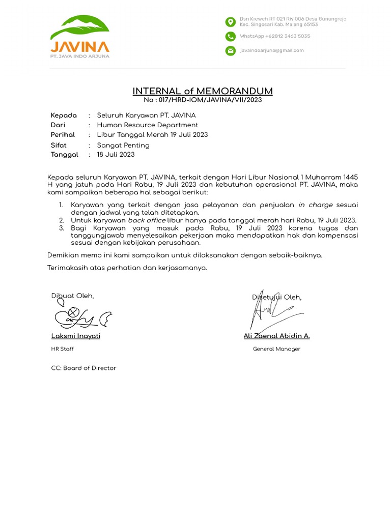 Memo TGL 19 Juli 2023 No - 017 - Hrd-Iom - Javina - VII - 2023 | PDF ...