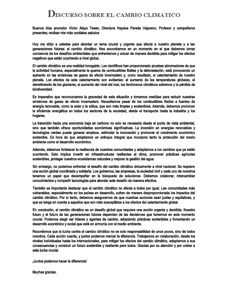 Discurso Sobre El Cambio Climatico | PDF | Cambio climático | Gases de ...