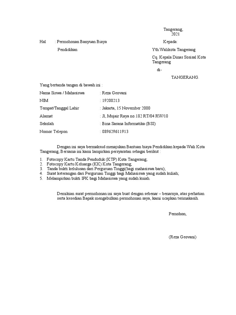 Surat Permohonan Bantuan Biaya | PDF