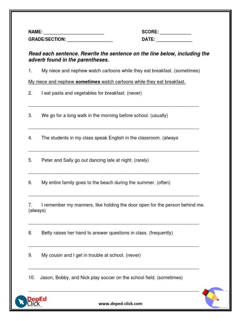 Adverbs of Frequency Practice Worksheet | PDF
