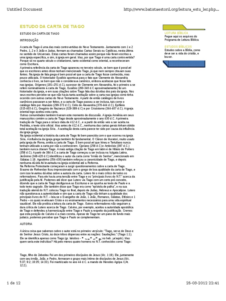 Biblia - Estudo Da Carta de Tiago | PDF | Epístola de Tiago | Novo ... Biblia - Estudo Da Carta de Tiago | PDF | Epístola de Tiago | Novo ...