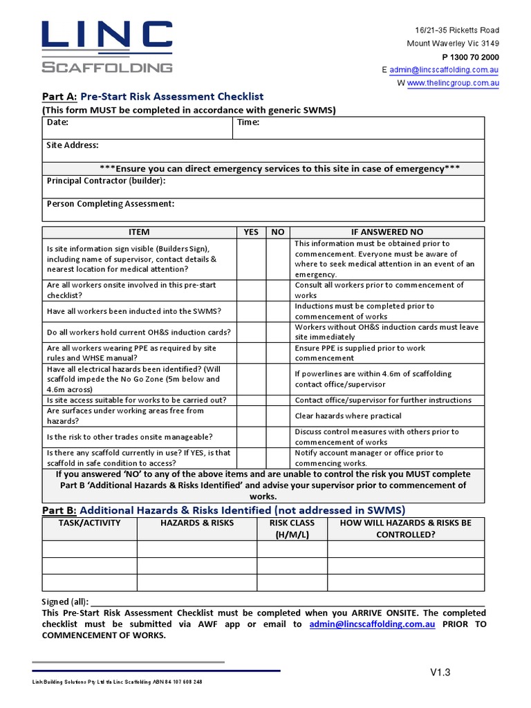 Pre-Start Risk Assessment Checklist | PDF | Workplace | Business