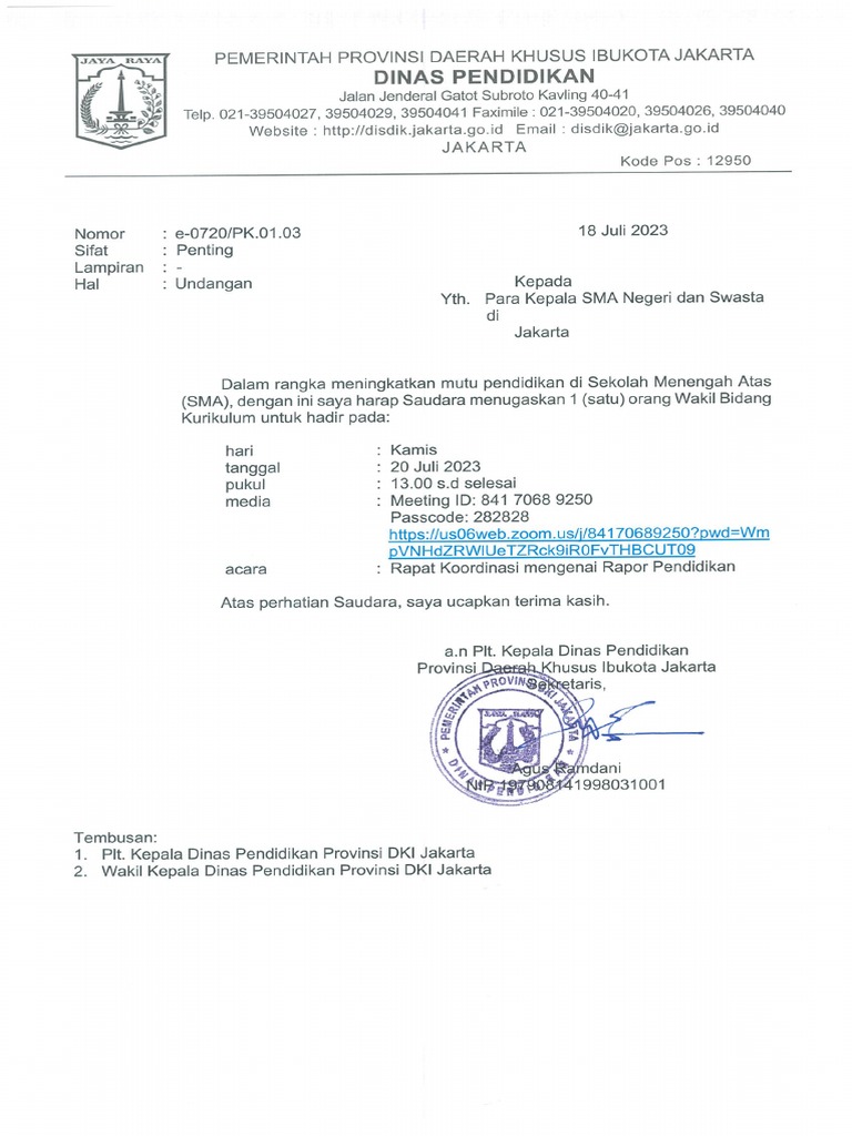 Surat Undangan - Rapor Pendidikan 2023 - SMA - Stempel | PDF