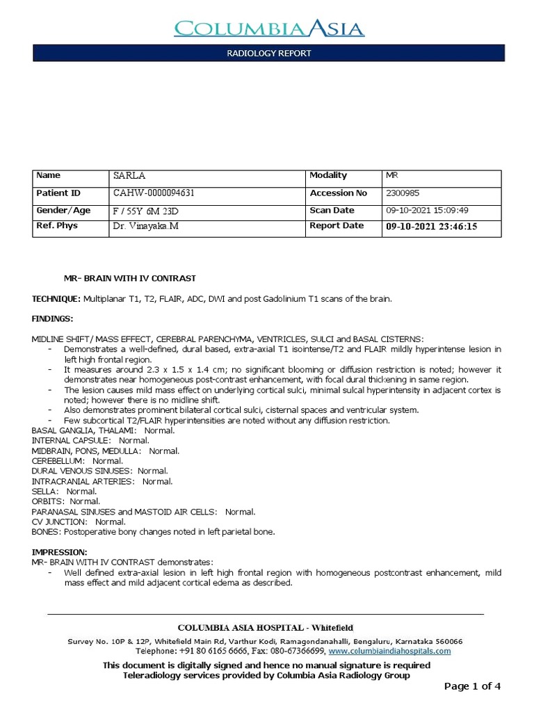 Radiology Report 2300985 | PDF | Mammography | Cerebral Cortex