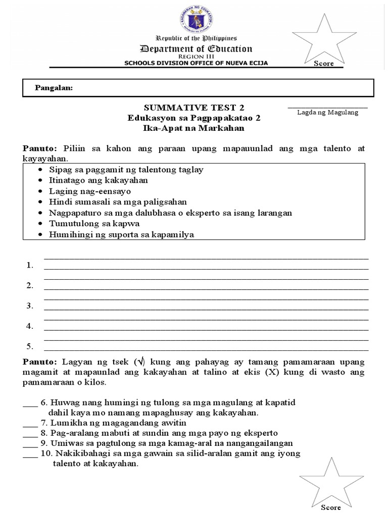 q4 Summative Test No. 2 Esp Fil Math | PDF