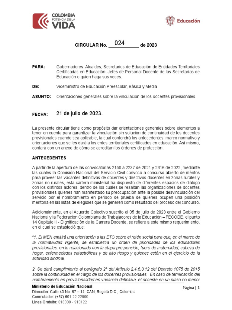 Circular 024 Del 21 de Julio de 2023 Orientaciones Generales Sobre La Vinculación de Los ...