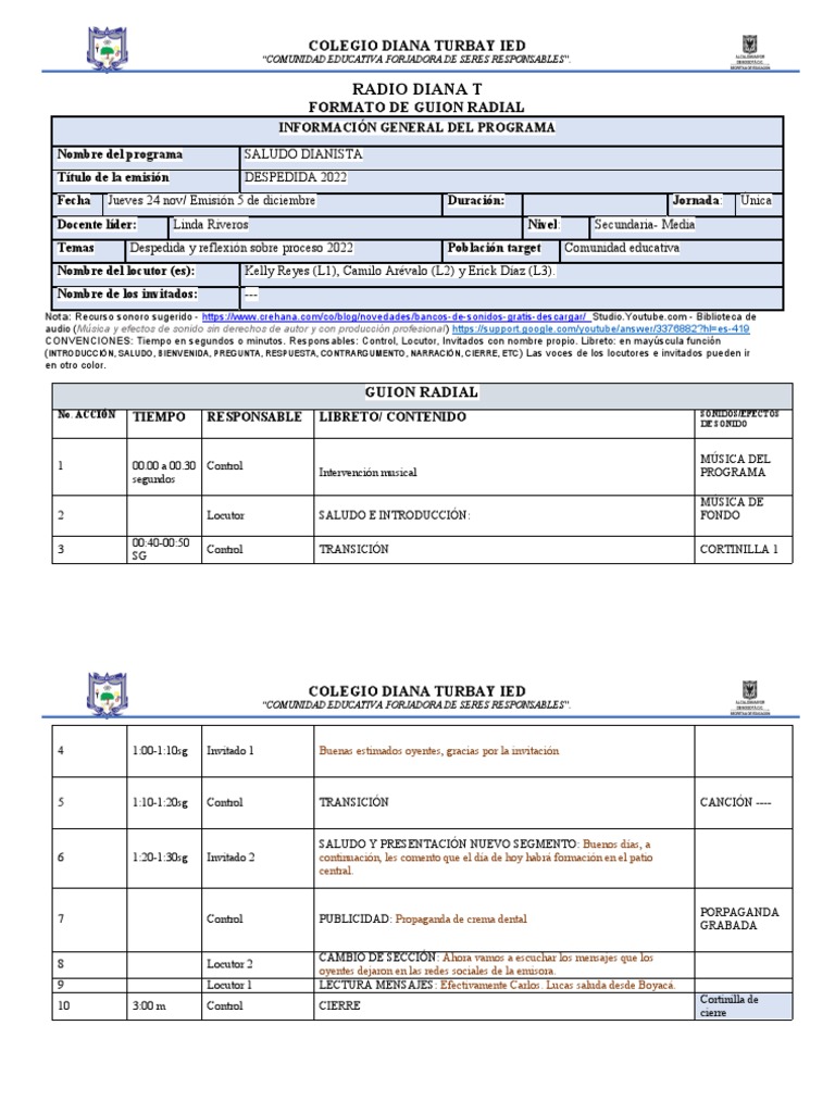 Formato Guion Radial Radio Diana T 2022 | PDF | Medios de comunicación en masa | Entretenimiento