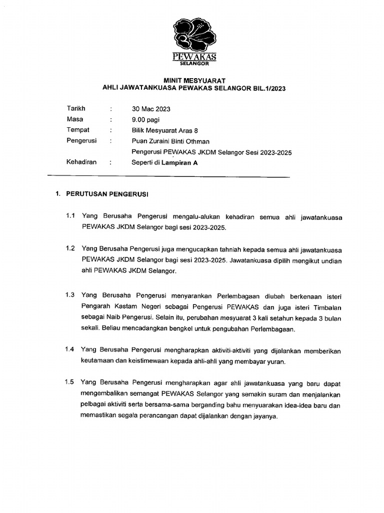 Contoh Minit Mesyuarat AJK Pewakas | PDF