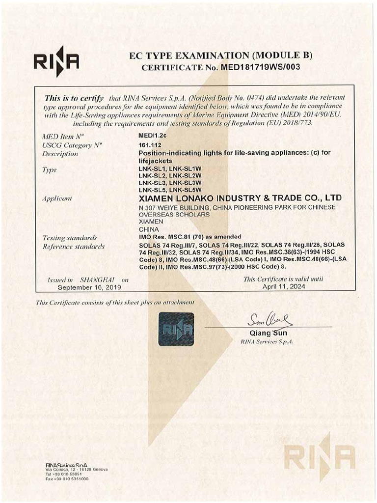 CERT APPROVED RINA CLASS LONAKO - LNK-SL3W - ECMED - MODULE - B - N ...