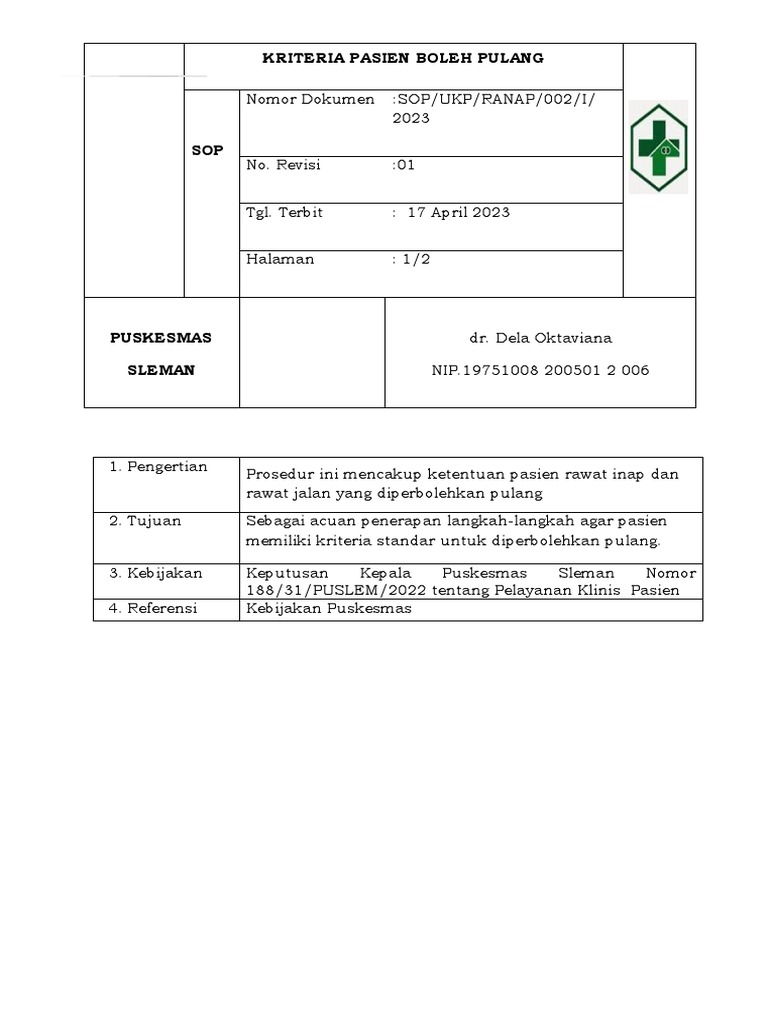 Sop Kriteria Pasien Boleh Pulang Pdf