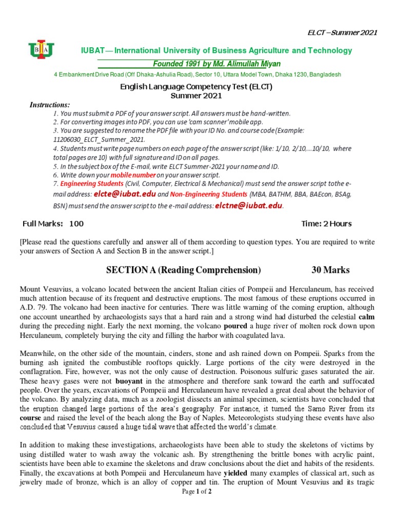 ELCT Instructions and Sample Questions | PDF | Volcano | Mount Vesuvius