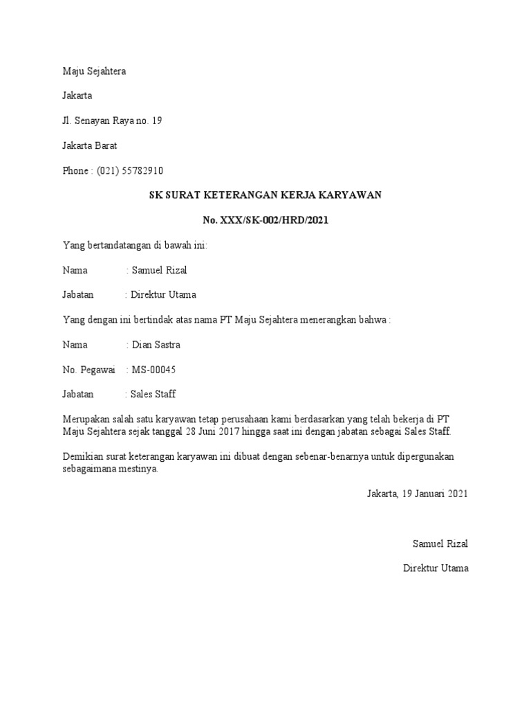 Contoh SK Surat Referensi Kerja Karyawan Sederhana | PDF