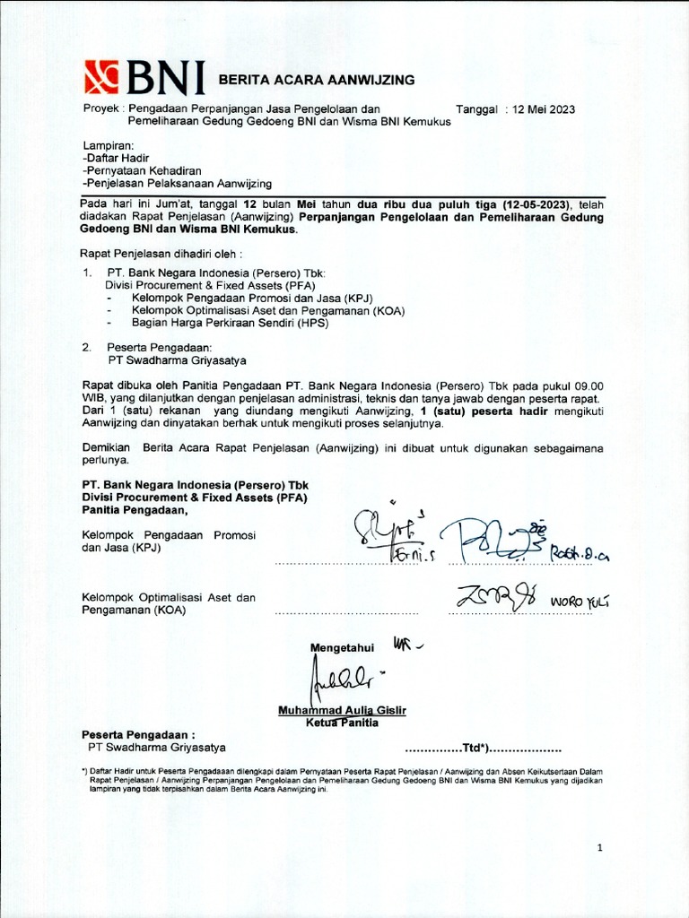 12 BA - Aanwijzing Perpanjangan BM Gedoeng BNI Dan Wisma BNI Kemukus | PDF