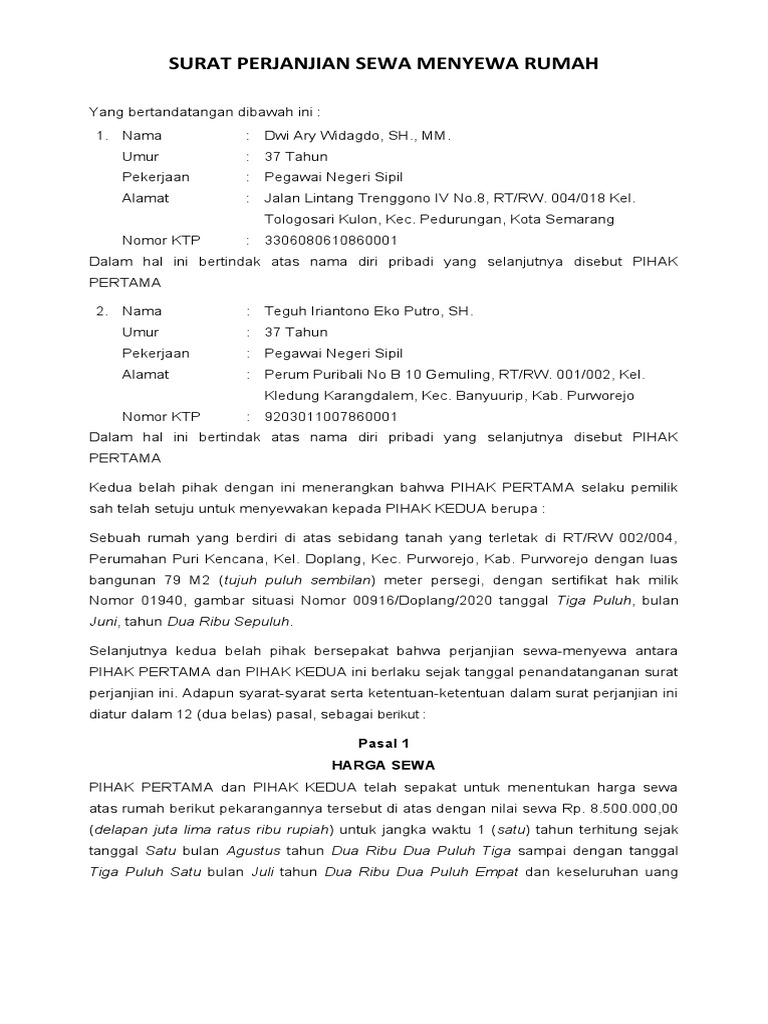 Surat Perjanjian Sewa Menyewa Rumah Pdf