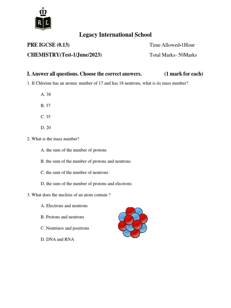 PRE IG 13 Chemistry Monthly Test-1 JJune 2023 | PDF | Chemical Elements ...