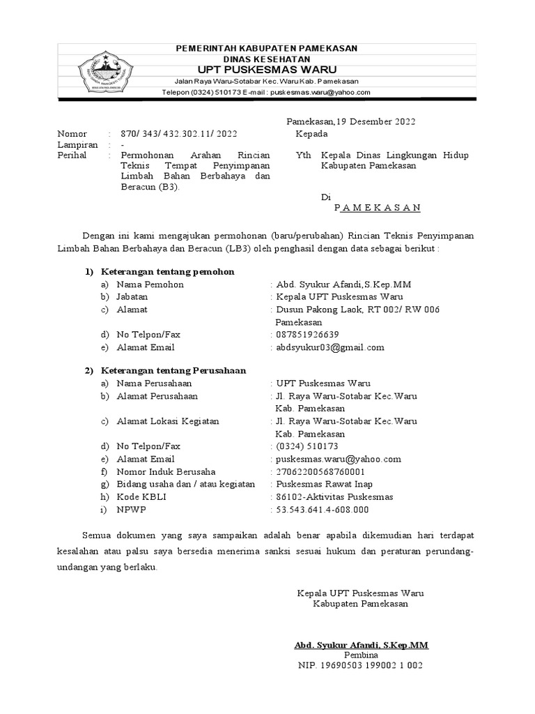 Surat Permohonan Arahan Rintek B3 | PDF