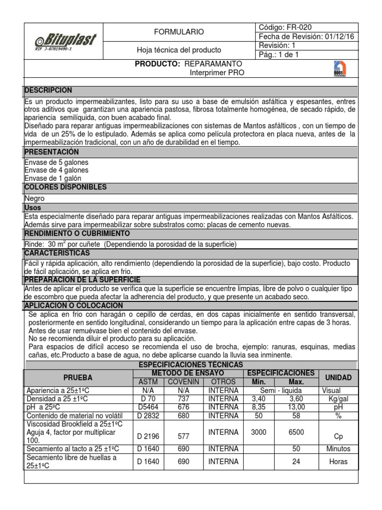 fr020 Hoja Tecnica Del Producto Reparador de Manto Modificado | PDF ...