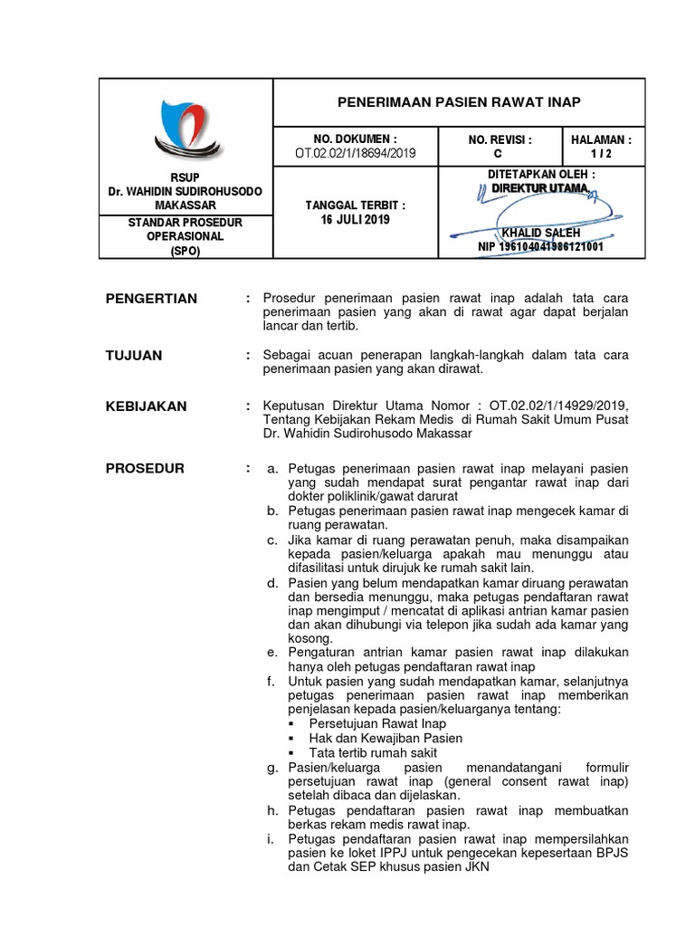Sop Penerimaan Pasien Rawat Inap (2019) | PDF