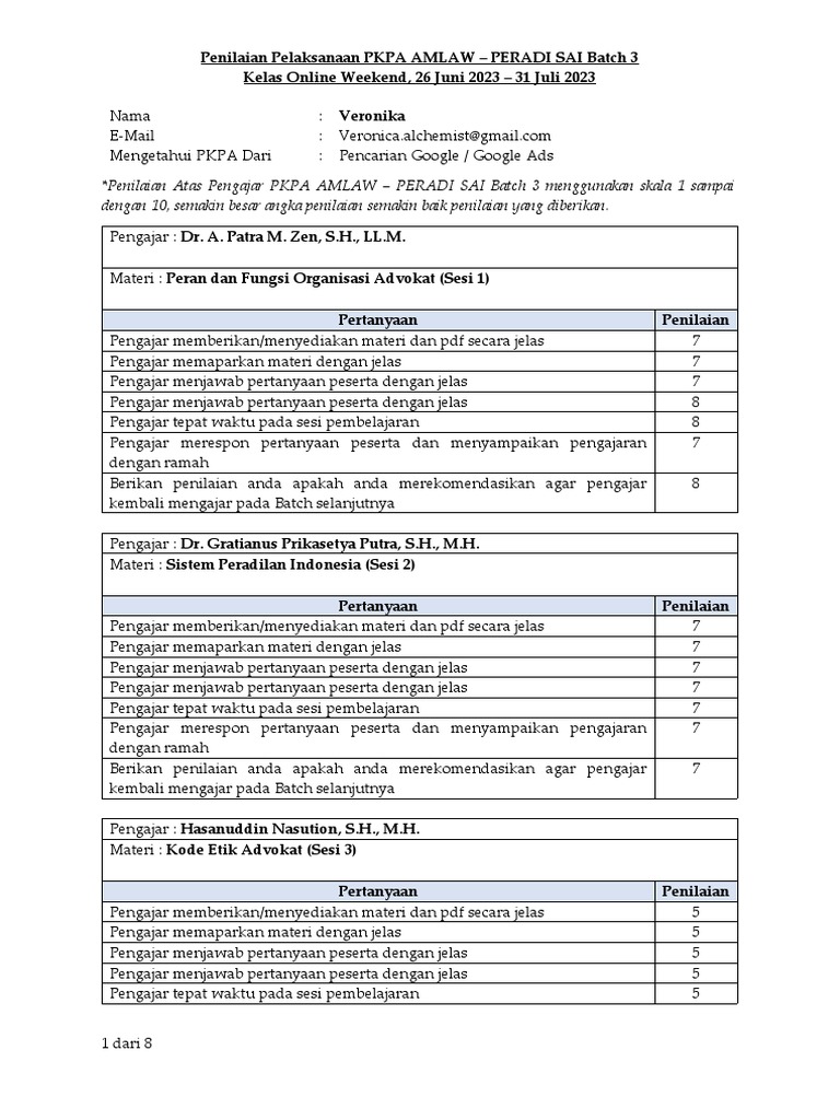 25) Draft Lembar Penilaian (Survei) PKPA Batch 3 - Veronika - 20 Juli 2023 | PDF