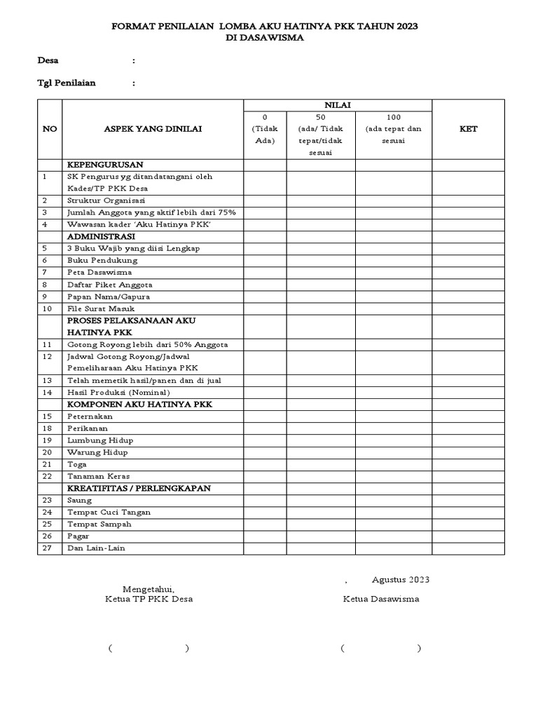Format Penilaian Dasawisma Tahun 2023 | PDF