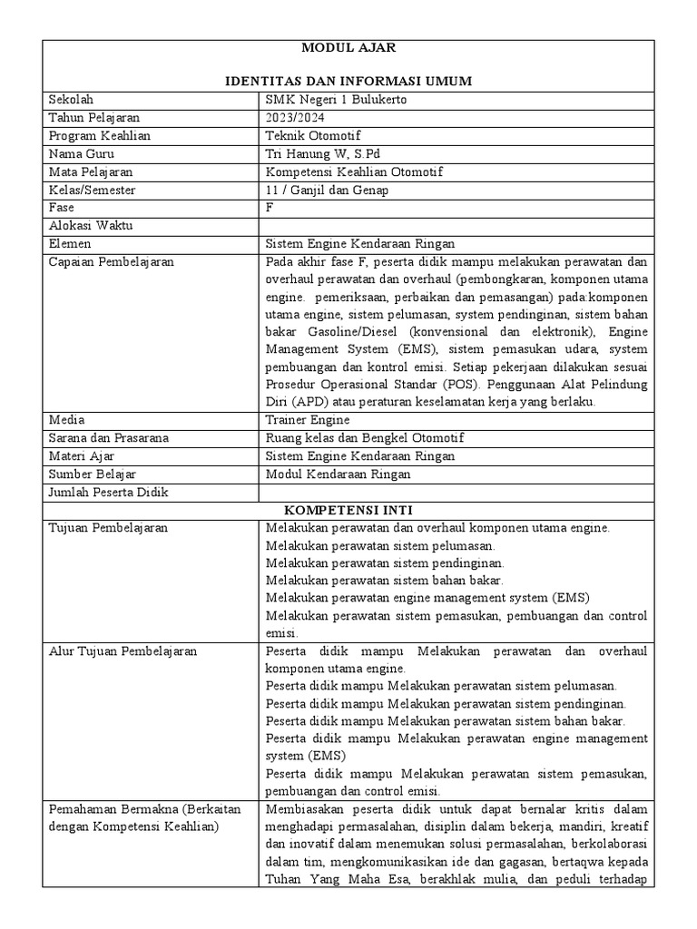 Modul Ajar Sistem Engine Kendaraan Ringan | PDF