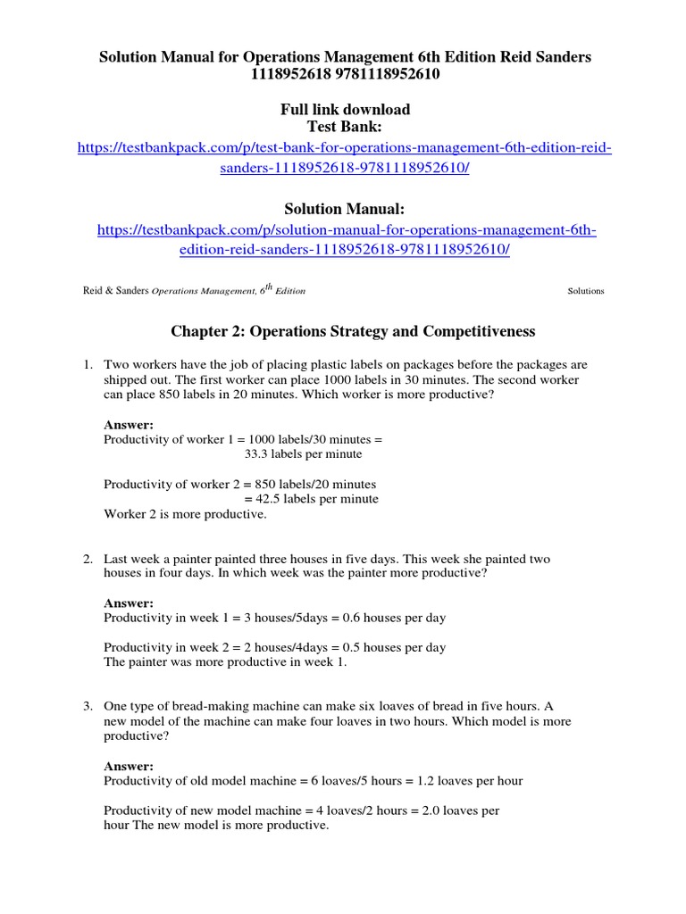 Operations Management 6th Edition Reid Sanders Solution Manual | PDF ...