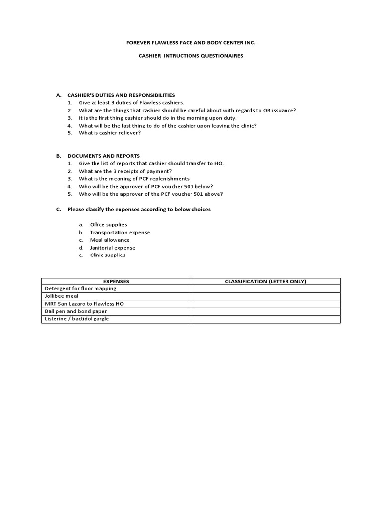 Cashier Questionnaires | PDF