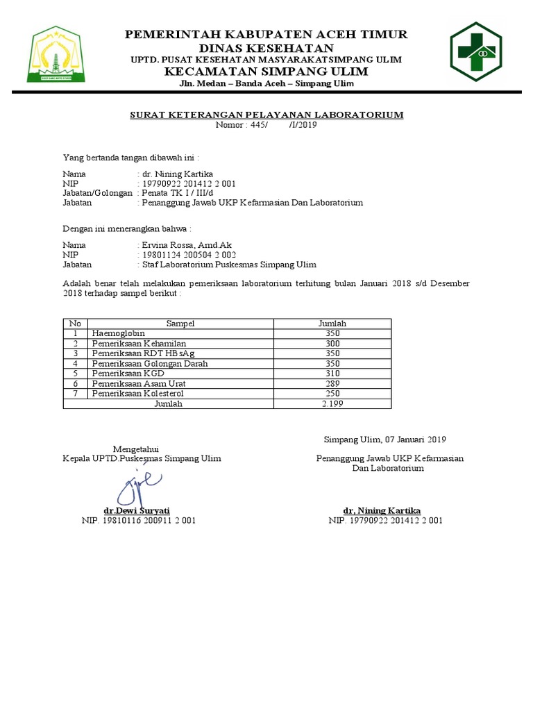 Surat Keterangan Pelayanan Laboratorium 2018 | PDF