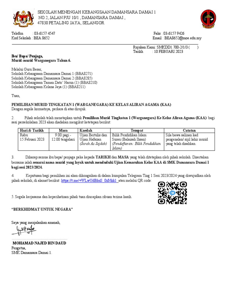 Surat Pemilihan Tingkatan 1kaa Sesi 2023 Di SMKDD1 | PDF