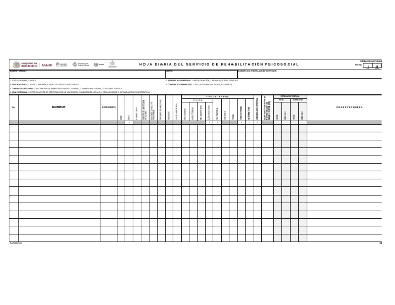 Sinba-Sis-04-P Salme Hoja Diaria Del Servicio de Rehabilitacion Psicosocial | PDF | Cuidado de ...