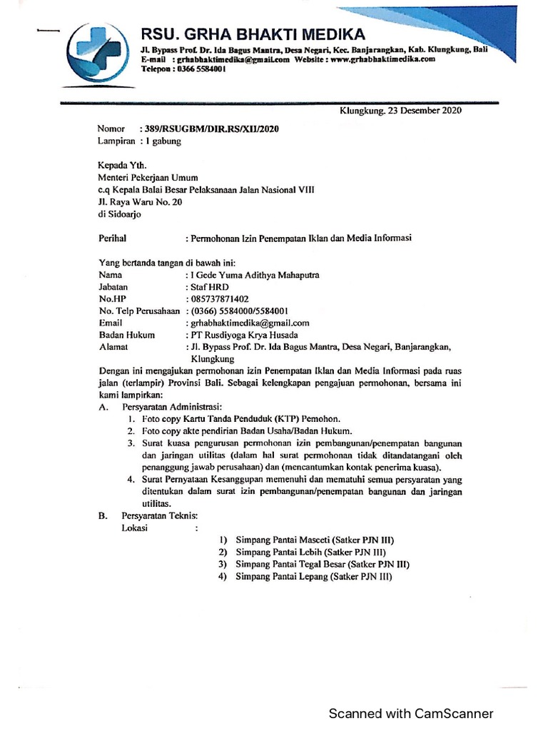 Surat Permohonan Penempatan Iklan Dan Media Informasi Rsu Grha Bhakti Medika | PDF