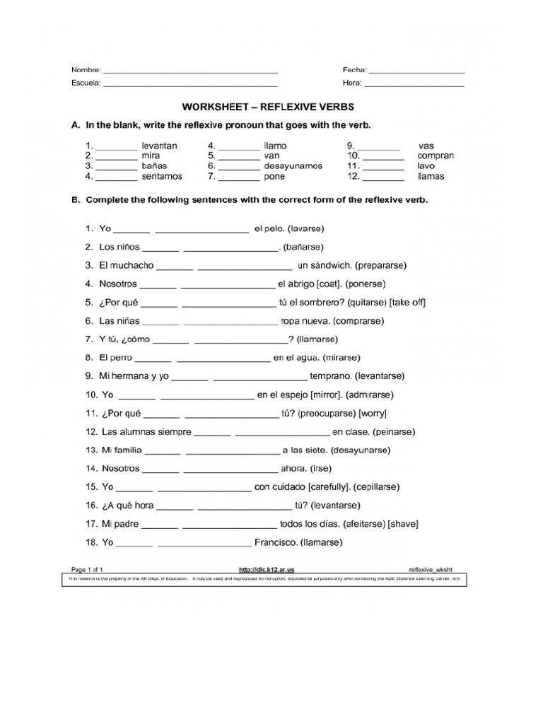 Spanish Reflexive Verbs Worksheet | PDF