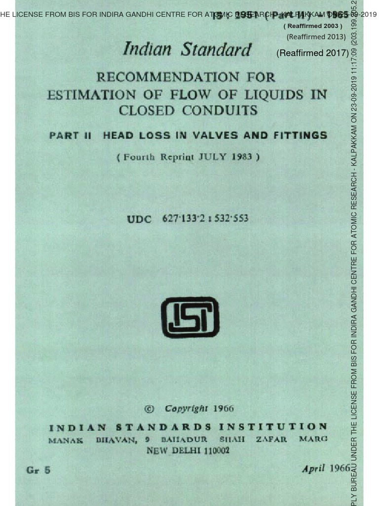 IS 2951 (Part 2) - Pressure drop calc on pipe fittings | PDF | Liquids ...