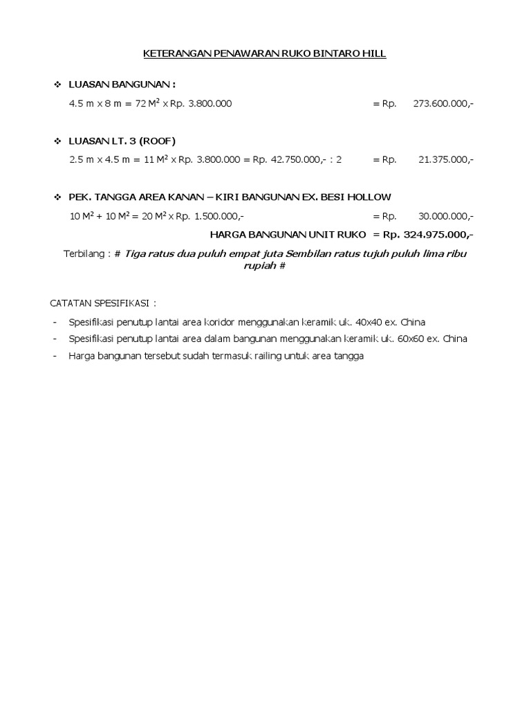 Penawaran Ruko Bintaro Hill | PDF | Griya & Taman